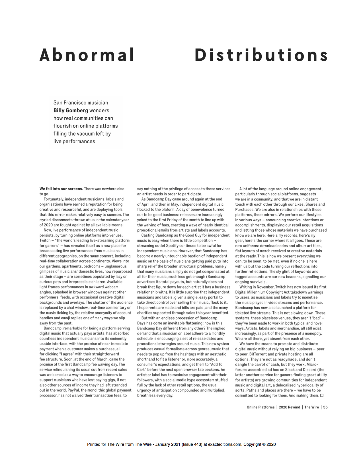 Abnormal Distributions: Writing in The Wire Jan 2021 Issue. – Billy Gomberg